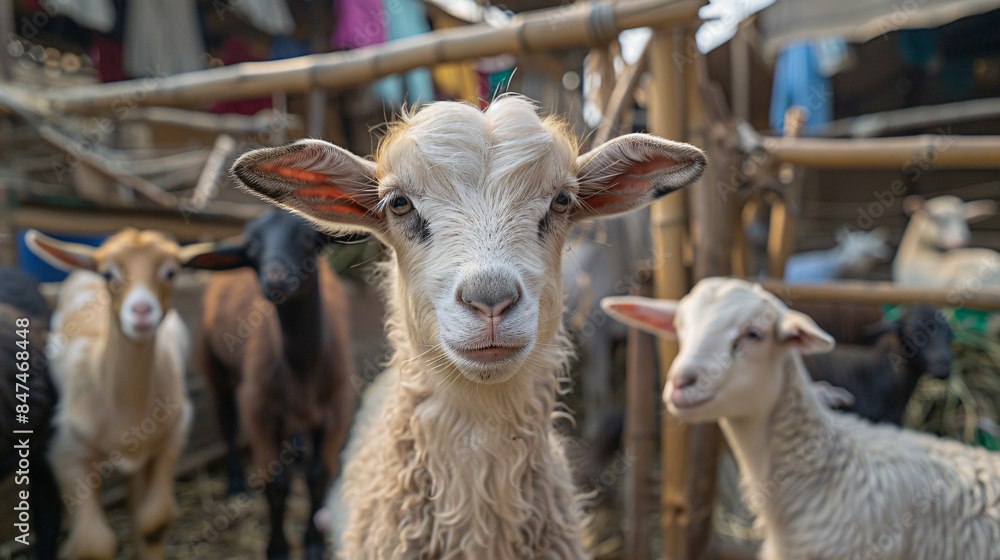 Farm animals in a livestock market for Eid al-Adha celebration. People ...
