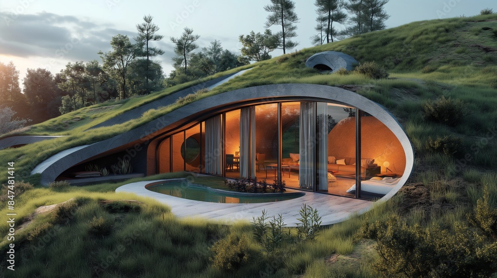 An innovative underground house with a green roof, integrated into a ...