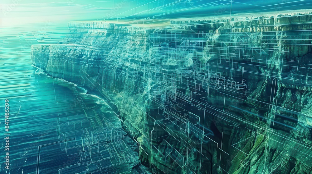 Holographic blueprint of a sea wall overlaid on an existing coastline ...