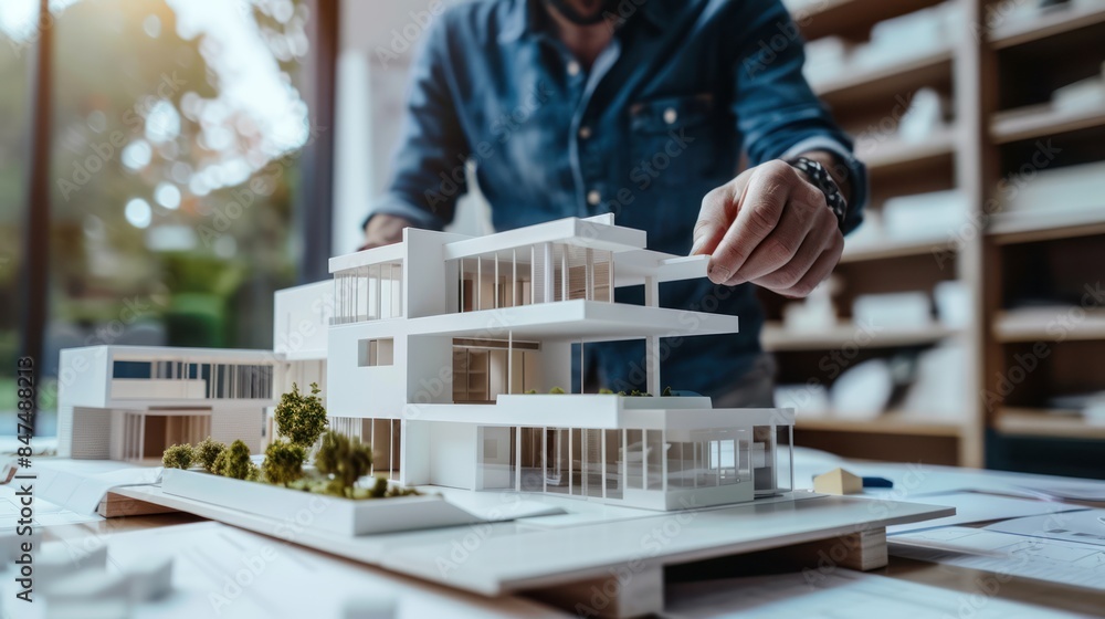 Architectural engineer presenting architectural models and plans to a ...