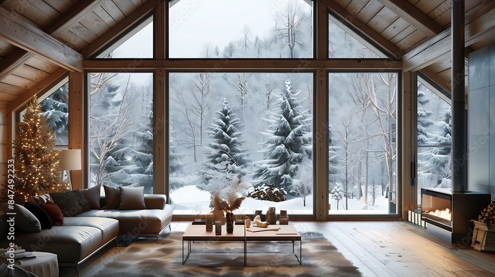 cozy warm home interior of a chic country chalet with a huge panoramic ...