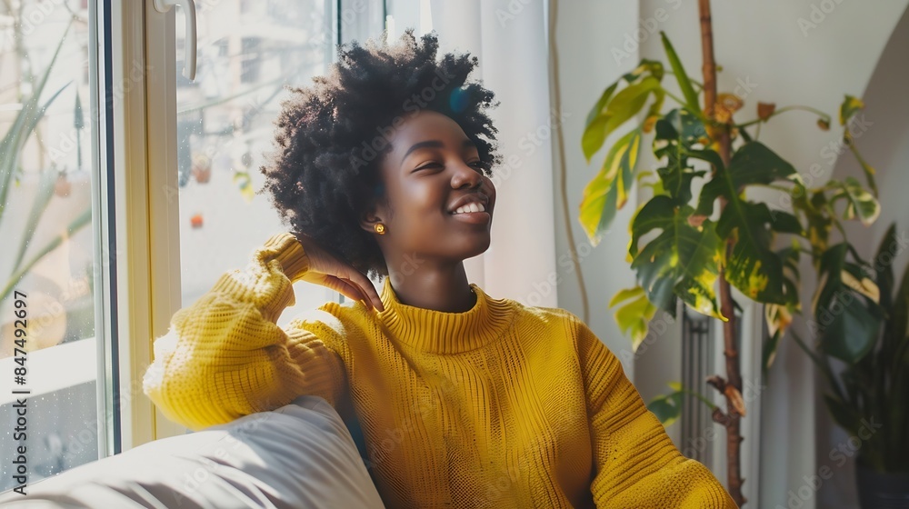 Happy young African woman sitting on comfy sofa in living room at home ...