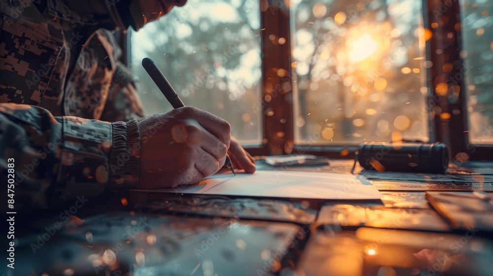 Soldier writing letter to his family at wooden table with sunset ...