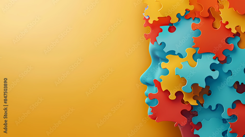 Colorful jigsaw puzzle pieces forming a human profile on a yellow ...