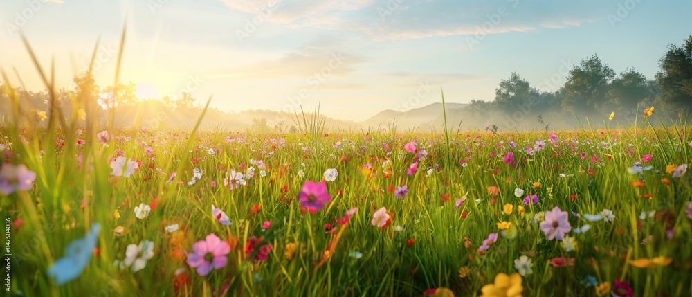 A serene Spring morning in the countryside, where a field of colorful ...