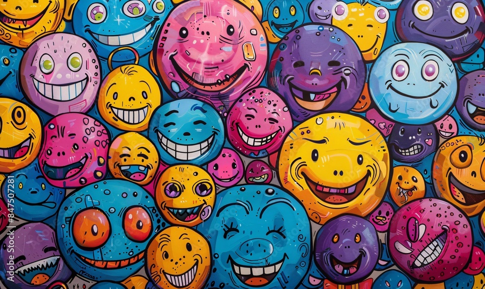 Bright and fun wallpaper with an array of smiley faces, varied in size ...