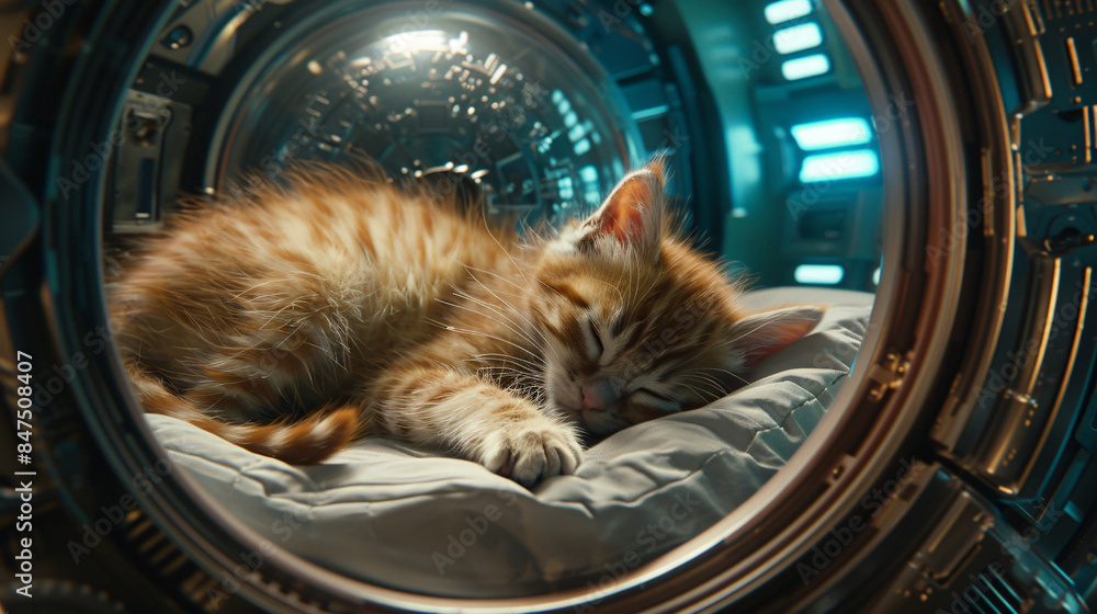 Sleeping kitten in a futuristic spaceship with copy space text. This ...