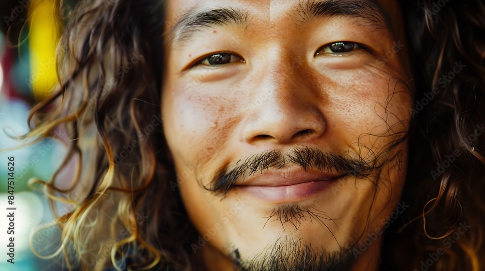 40s asian man with long curly hair look camera thailand Happy adult ...
