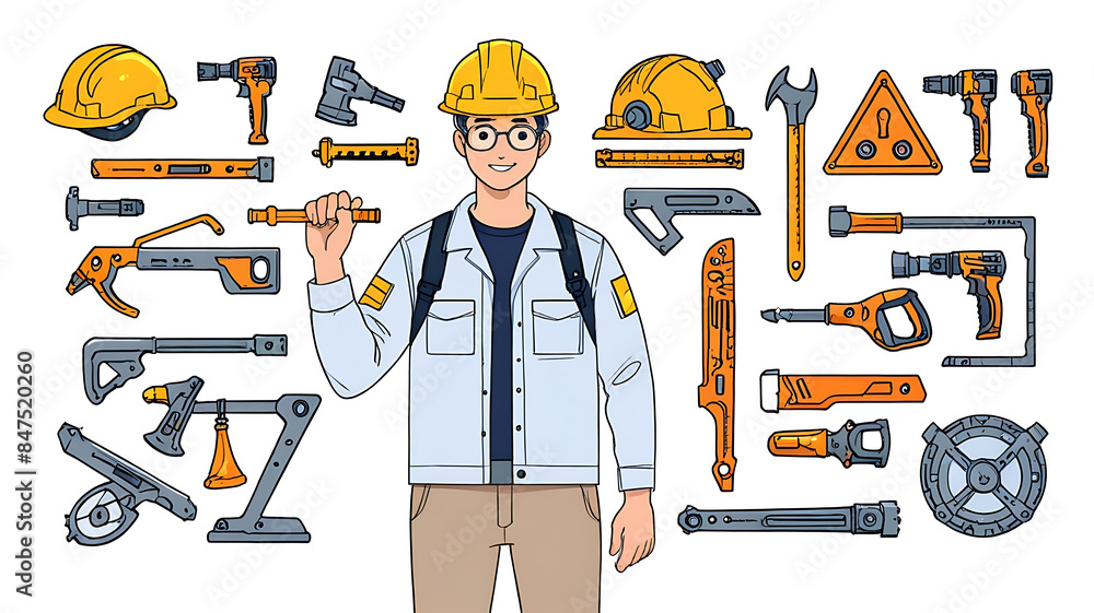 An engineer wearing a uniform and protective helmet, equipped with ...