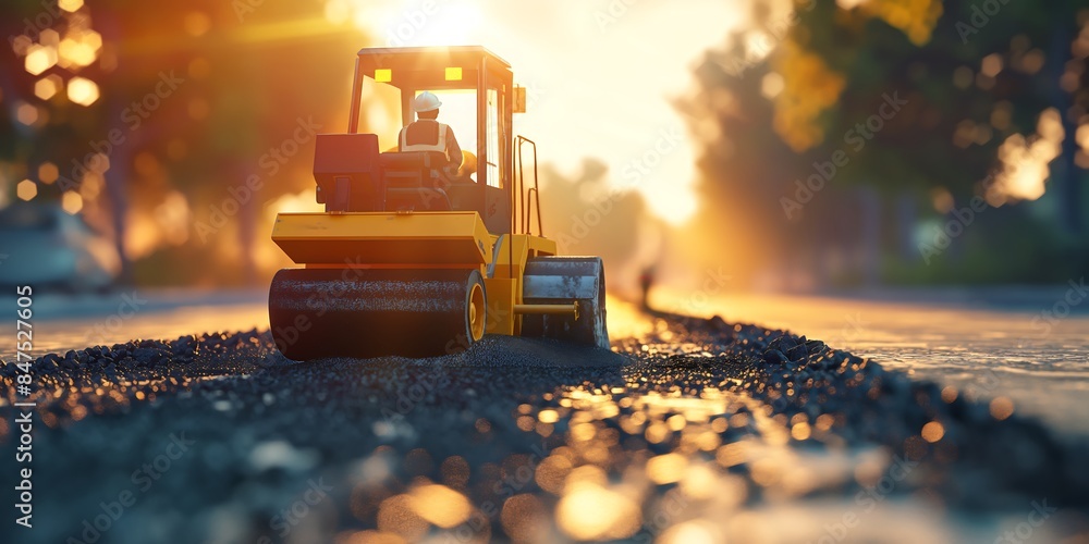 bulldozer at work, Construction Workers Paving Road Hardworking blurred ...