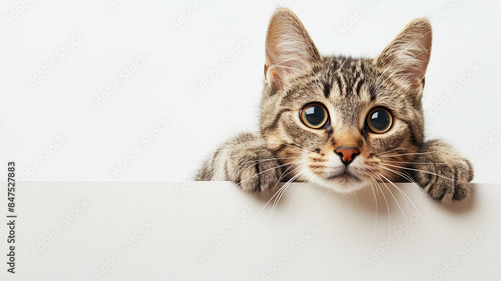 Cute tabby cat hanging over blank sheet isolated on white background ...