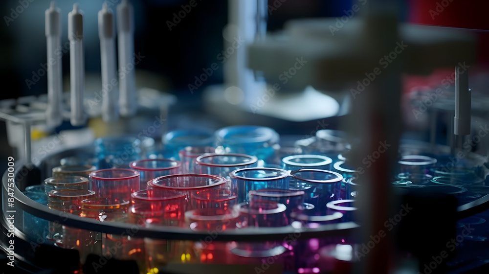A colorful array of test tubes are lined up on a table. The tubes are ...