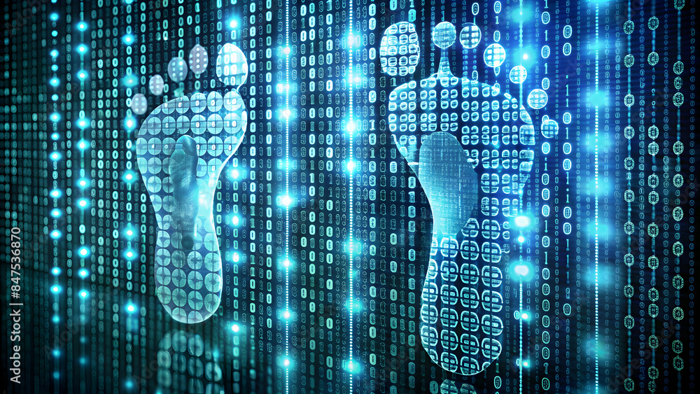ภาพประกอบสต็อก Cybersecurity digital footprints made of binary code, highlighting the importance ...