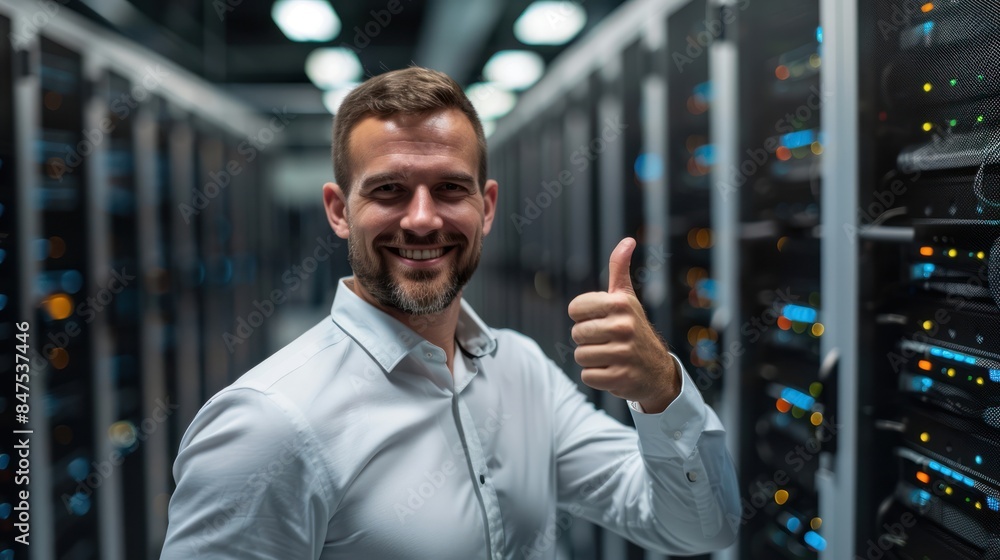 Server engineer smiling and giving a thumbs up, standing in front of a ...