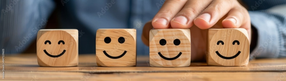 The image shows a hand placing a wooden block with a smiley face on it ...