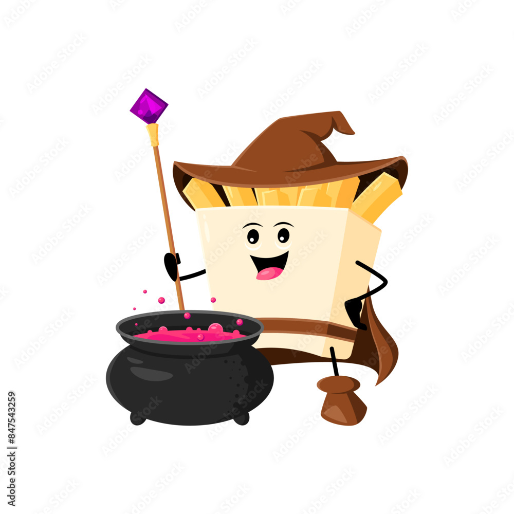 Cartoon Halloween french fry fast food mage, wizard and witch character ...
