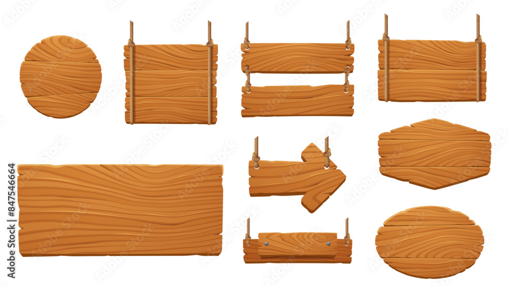 Wooden sign and signboards. Cartoon game arrow, board and panel. Vector ...