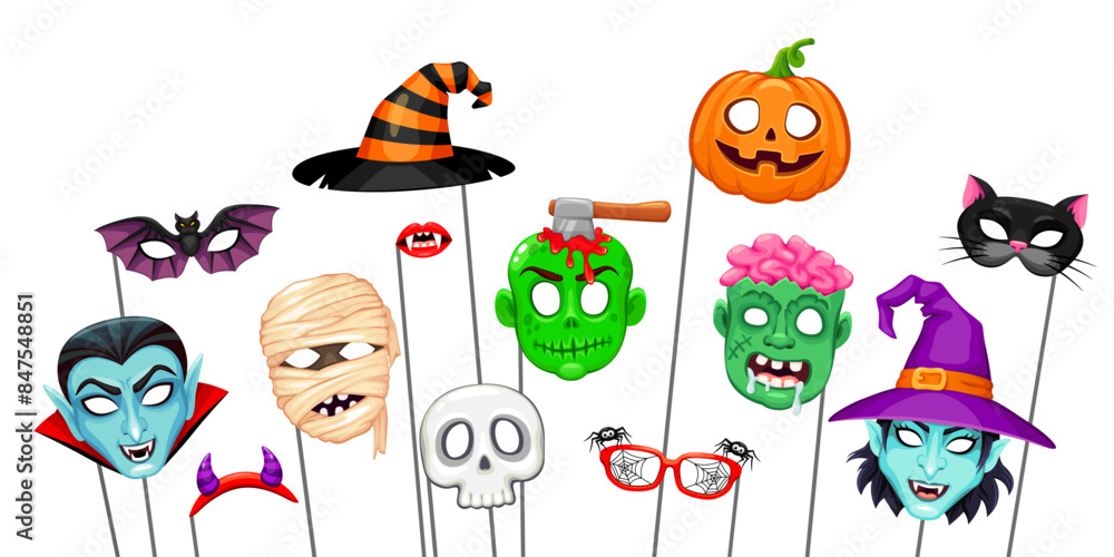 Halloween masks with props for photo booth. Isolated vector set cartoon ...