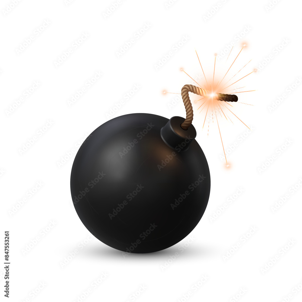 Realistic bomb with burning fuse emitting sparks and light, ready for ...