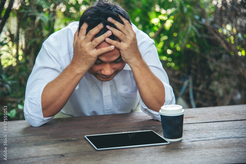 Failure businessman stress bankruptcy man sitting wood desk feeling ...