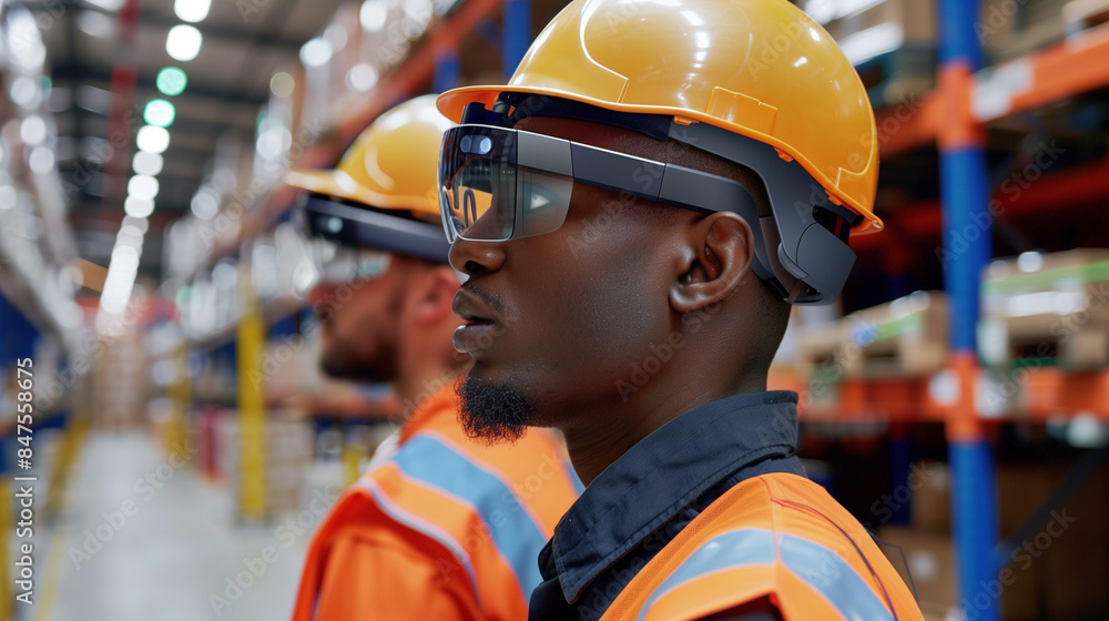 Augmented Reality Warehouse Worker. A warehouse worker in an orange ...