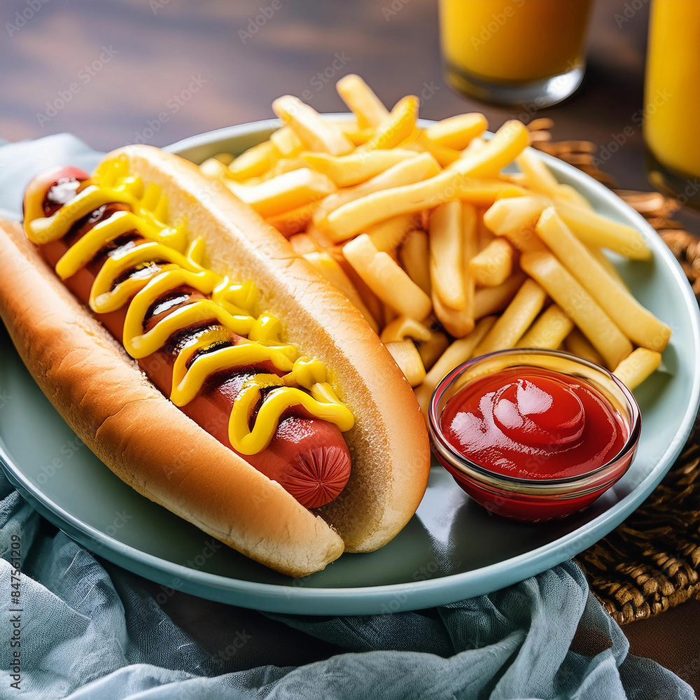 Hotdog and French fries combo. Plated serving of a hotdog with ketchup ...