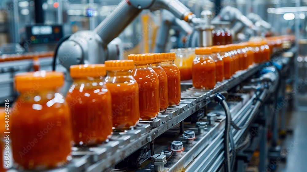 High-tech robots in a spotless factory, manufacturing salsa sauce ...