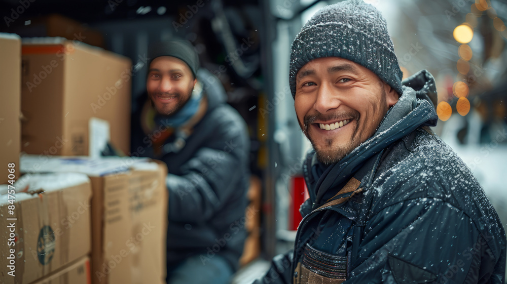 two happy movers loading a truck wearing working black clothes ...