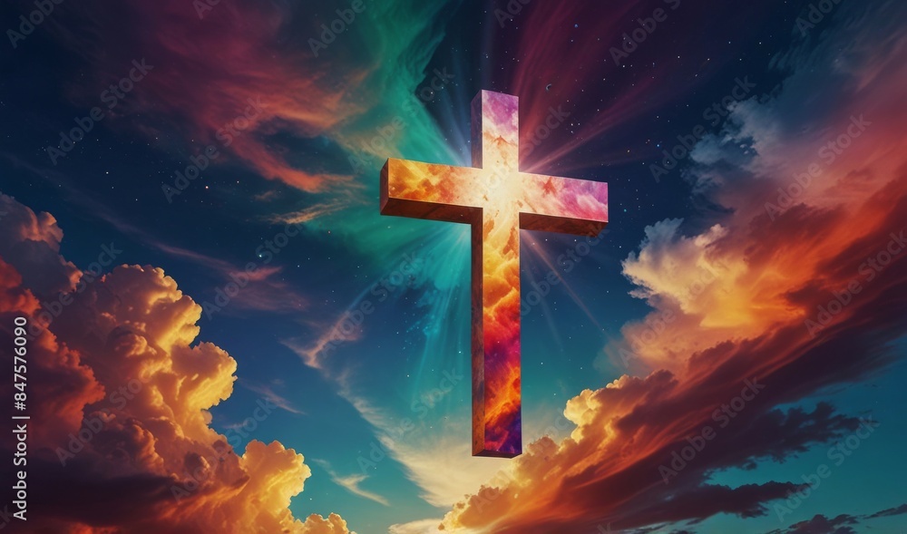 Jesus cross symbol on colorful clouds background. Generative AI ...