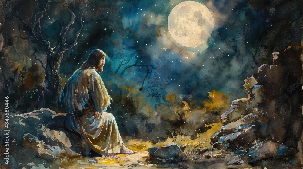 Dramatic yet serene watercolor painting depicting Jesus Christ in deep ...