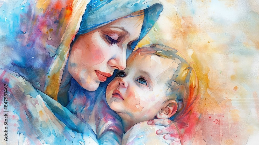Captivating watercolor painting depicting the tender embrace between ...
