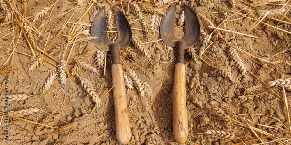 Ears of wheat and old sickle in field, nature background. Wheat field ...