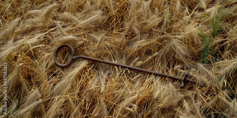 Ears of wheat and old sickle in field, nature background. Wheat field ...