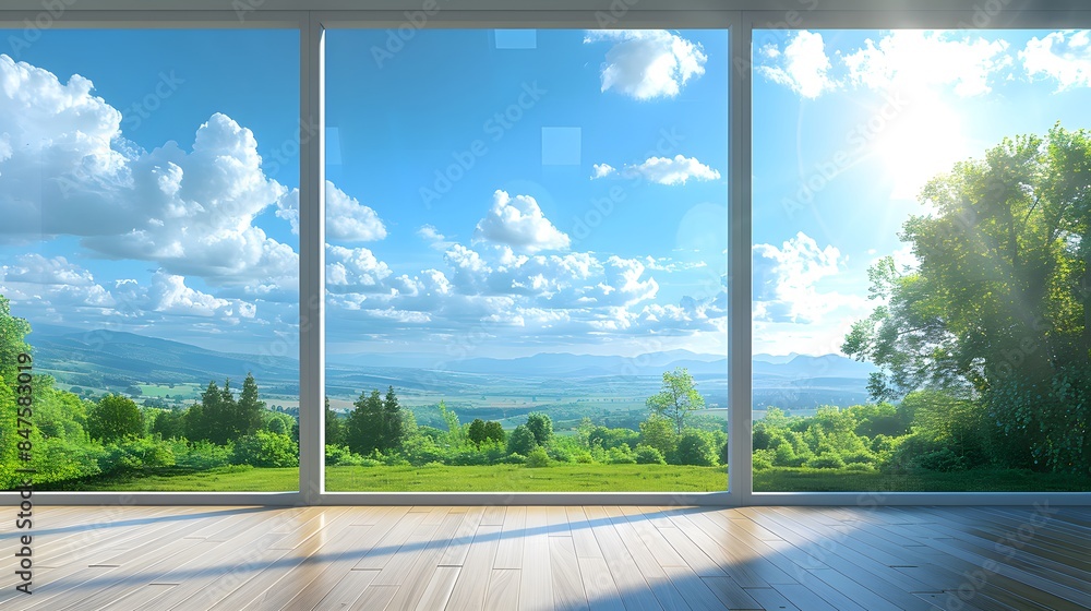 3 white windows with a clear sky and green landscape outside, a ...