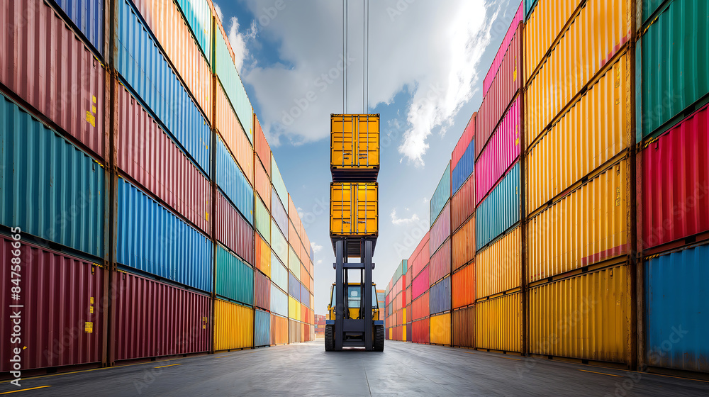 Colorful shipping containers stacked in a cargo dock with a forklift ...