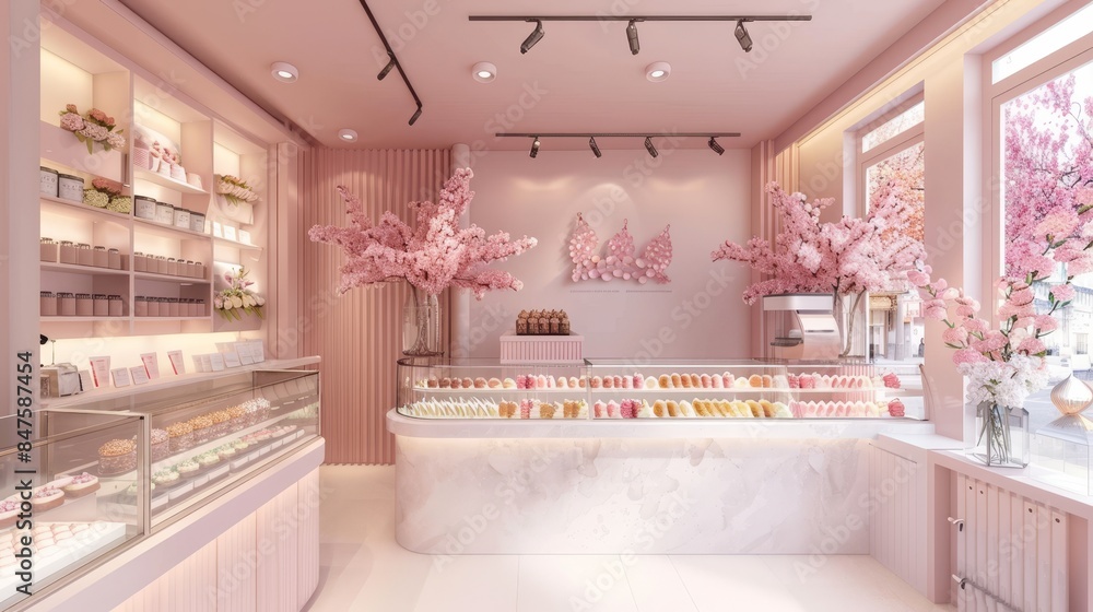 Stylish bakery interior, soft pastel pink color scheme, beautiful ...