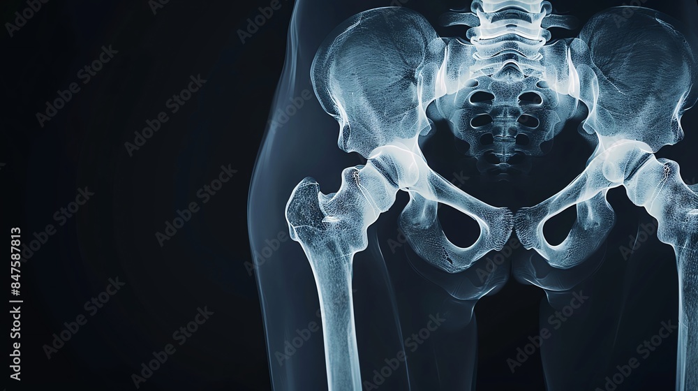 Xray of human hip joint, showcasing acetabulum and femoral head, dark ...