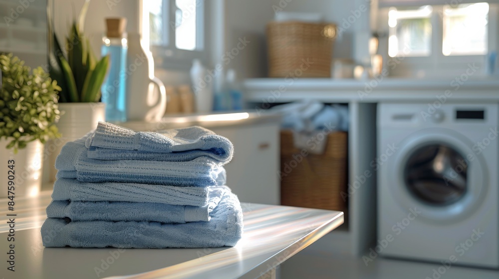 Fresh Laundry Folded and Stacked on White Table with Modern Washing ...