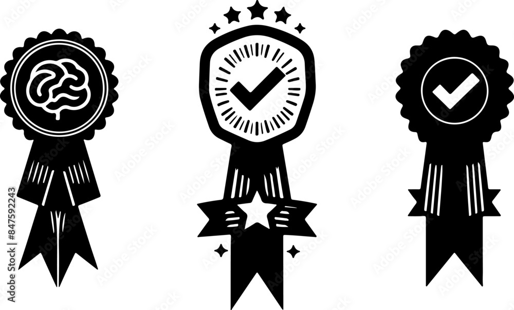 Three black icons of an award ribbon with a check mark on a white ...