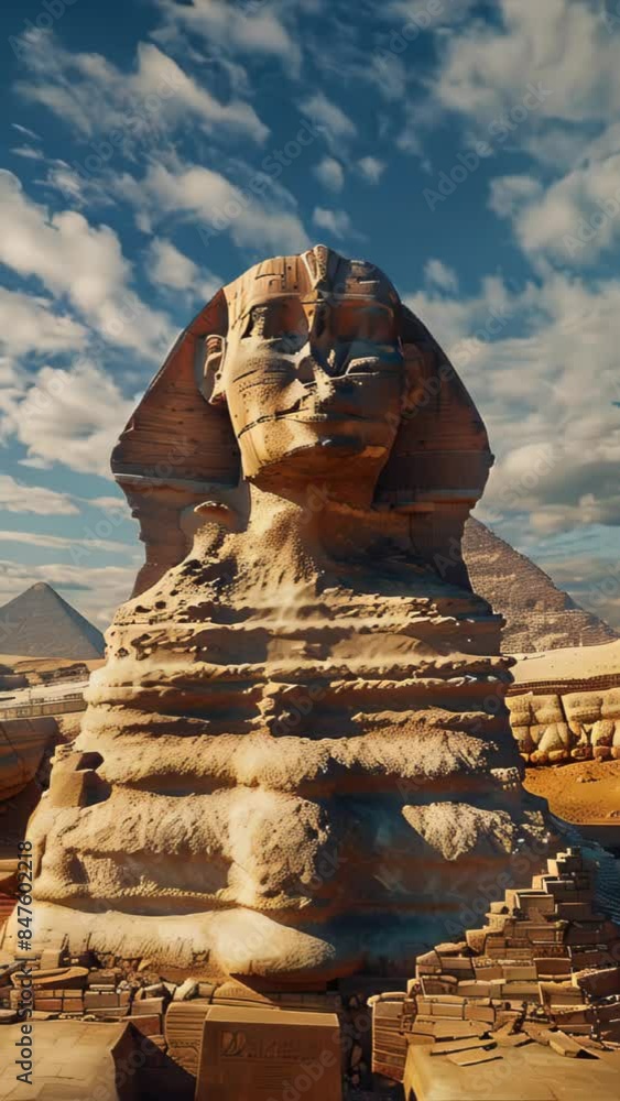 A large statue of a woman is standing in front of a pyramid. The statue ...