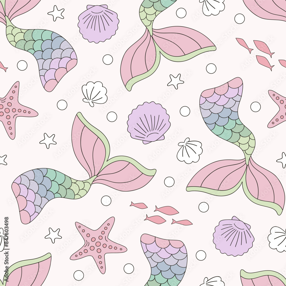 Rainbow coloured Mermaid tail Shells vector seamless pattern. Groovy ...
