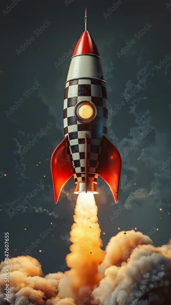 A rocket is flying through the air with a lot of smoke and fire. The ...