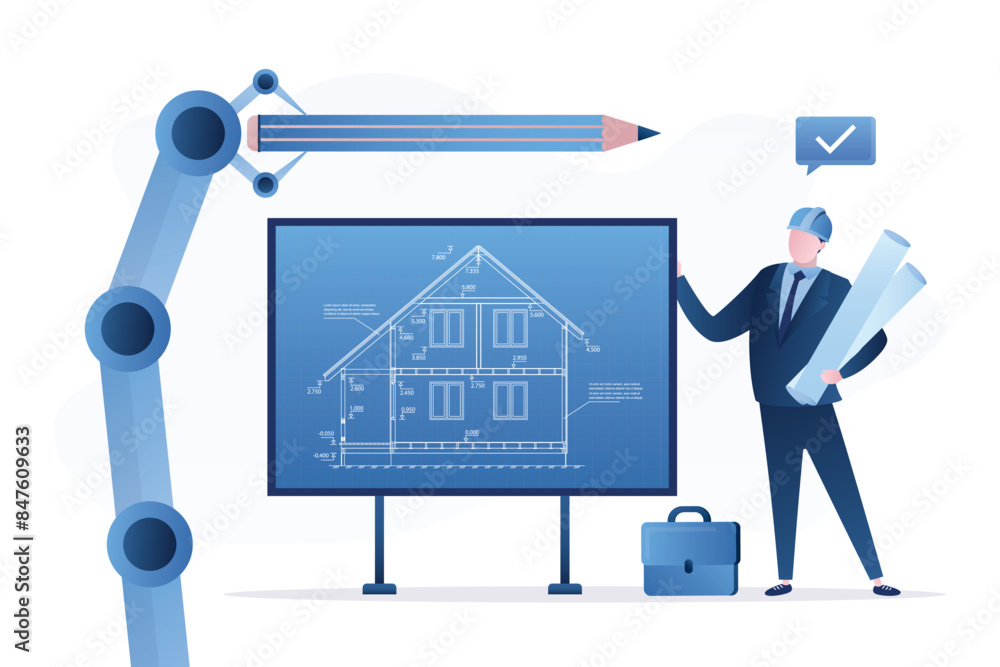 Robot hand help architect drawing house plan. Engineer presenting ...