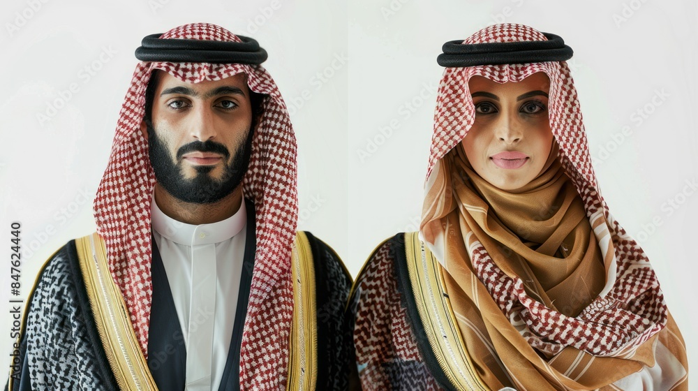 Saudi Arabian man and woman in the Middle East in the official clothing ...