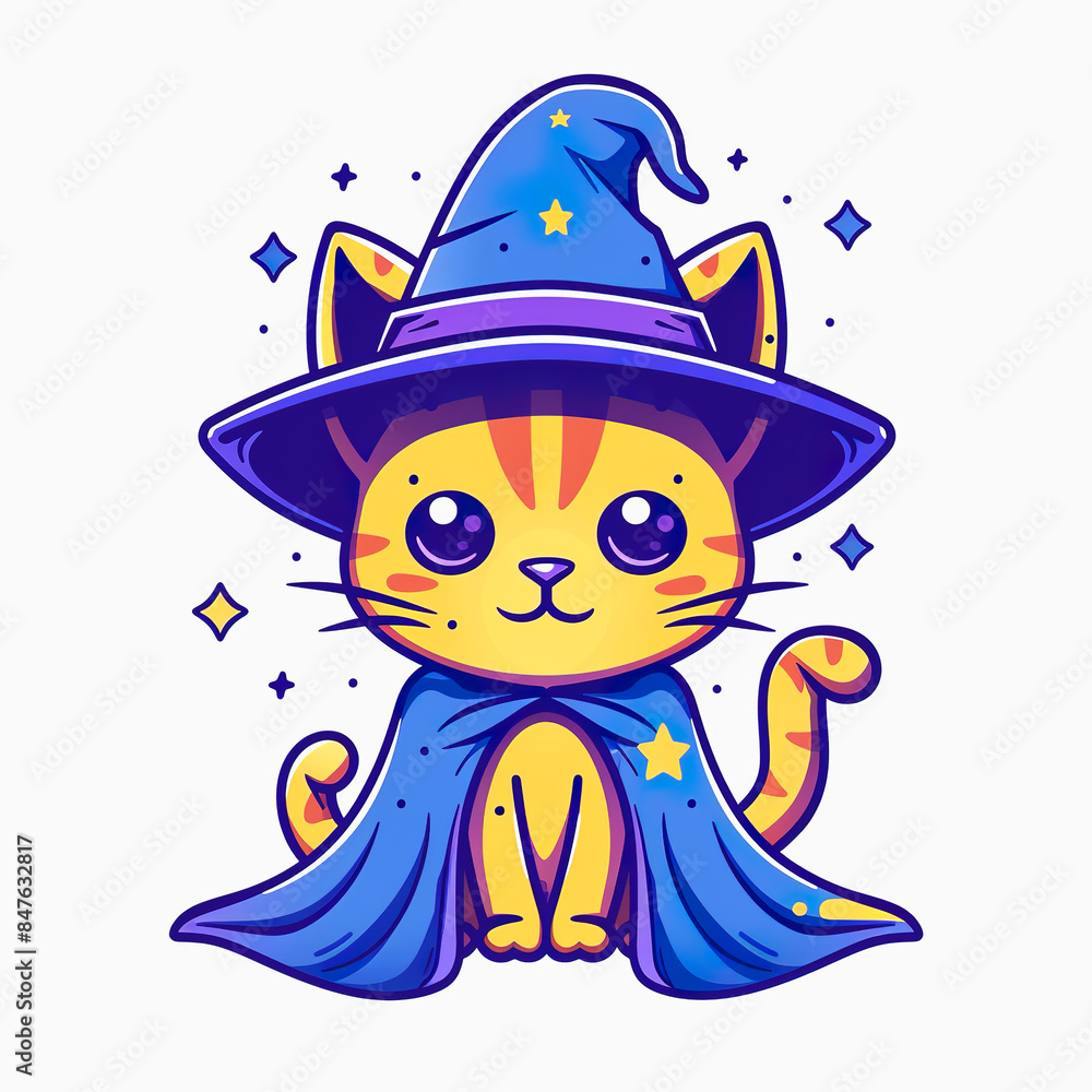 Cute Cat wizard cartoon character wearing magic robe and magic hat ...