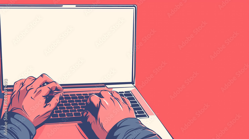 The hands are strong and agile, fingers poised over the keyboard with ...