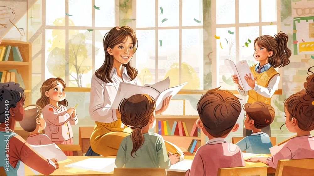 A teacher reads a story to a classroom of young students, all listening ...