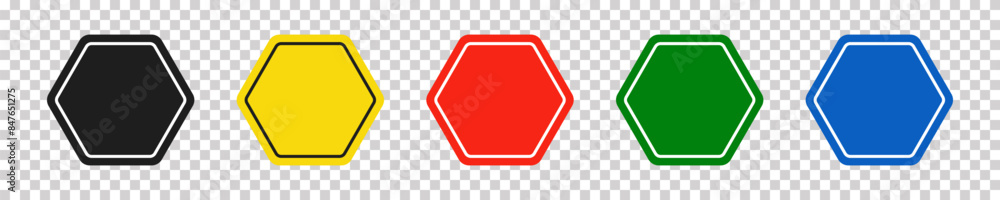Set of hexagonal black, yellow, red, green and blue road signs. Vector ...
