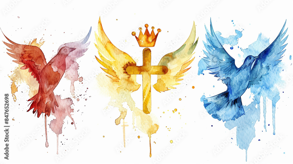 Symbols representing the Holy Trinity. Holy Spirit symbol: cross, crown ...