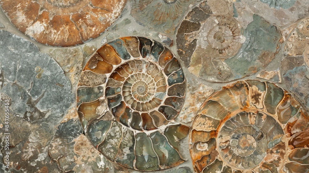Ammonites fossil collection provides a beautiful natural backdrop with ...